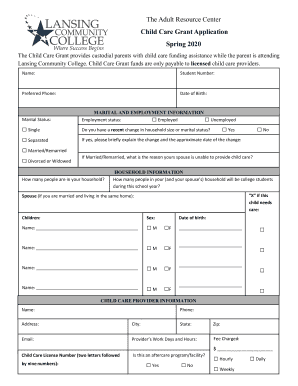 Fillable Online Adult Resource Center's Child Care Grant Application ...