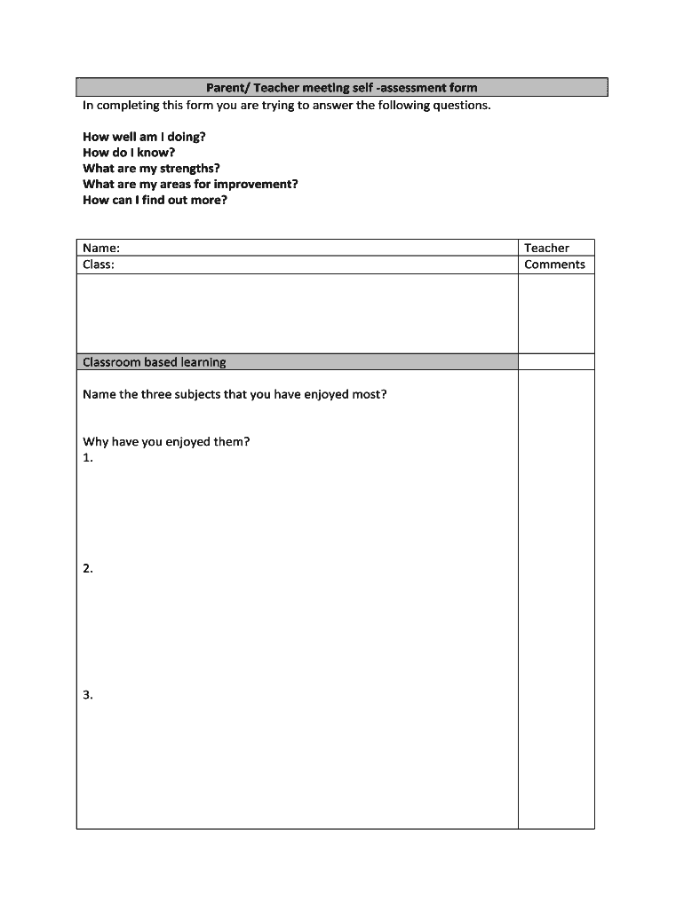 Fillable Online Parent/ Teacher meeting self -assessment form In ...
