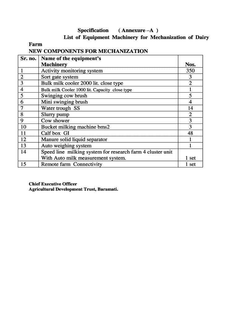 Fillable Online List of Equipment Machinery for Mechanization of Dairy ...