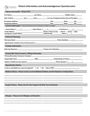 Fillable Online Patient Information and Acknowledgement Questionnaire ...
