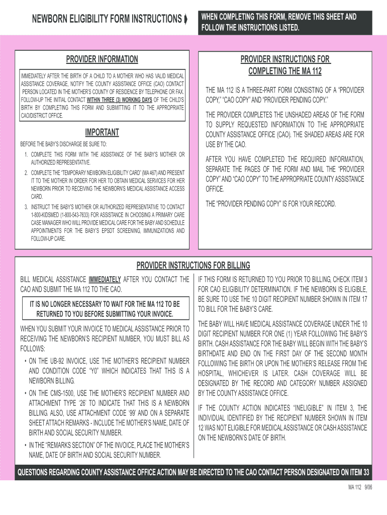 Fillable Online DPW MA-112 Newborn Form - Provider- Resources ...