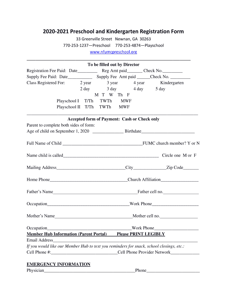Fillable Online 2020-2021 Preschool and Kindergarten Registration Form Fax Email Print - pdfFiller
