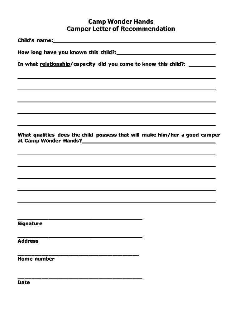 Fillable Online Camper Letter of Recommendation Fax Email Print - pdfFiller