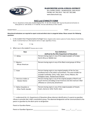 Fillable Online RACE and ETHNICITY FORM - Blanchester Local Schools Fax ...