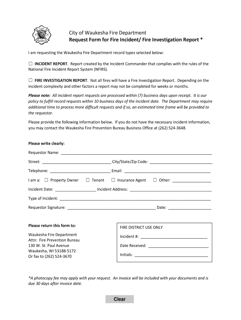 Fillable Online City of Waukesha Fire Department Request Form for Fire ...
