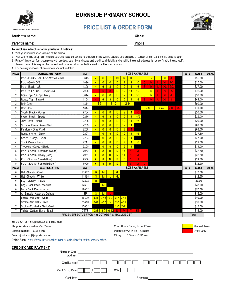 Fillable Online BURNSIDE PRIMARY SCHOOL PRICE LIST & ORDER FORM Fax ...