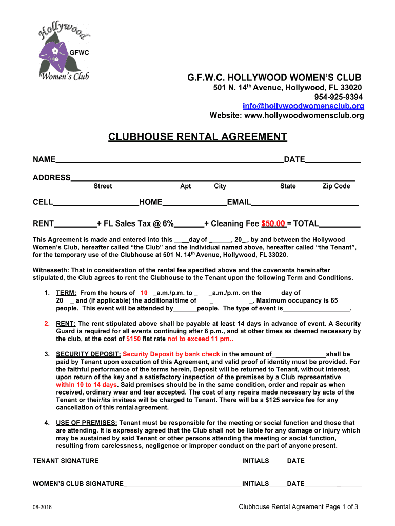 Fillable Online PDF clubhouse rental agreement - Hollywood Women's Club ...