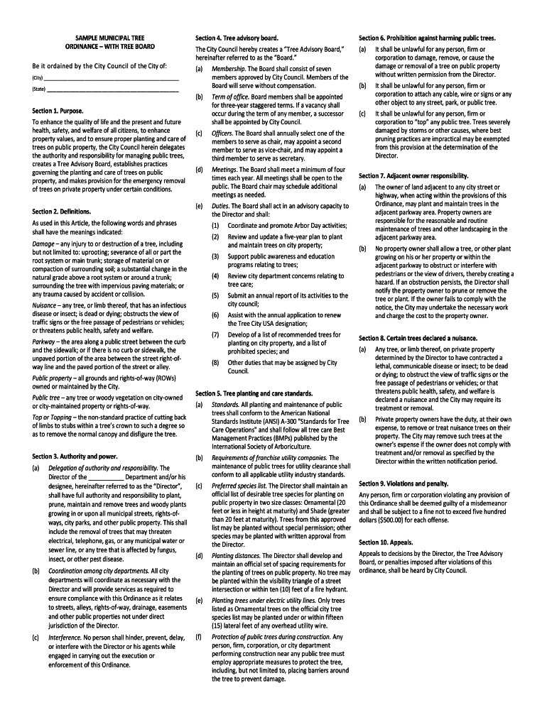 Fillable Online SAMPLE MUNICIPAL TREE ORDINANCE WITH TREE BOARD Fax ...