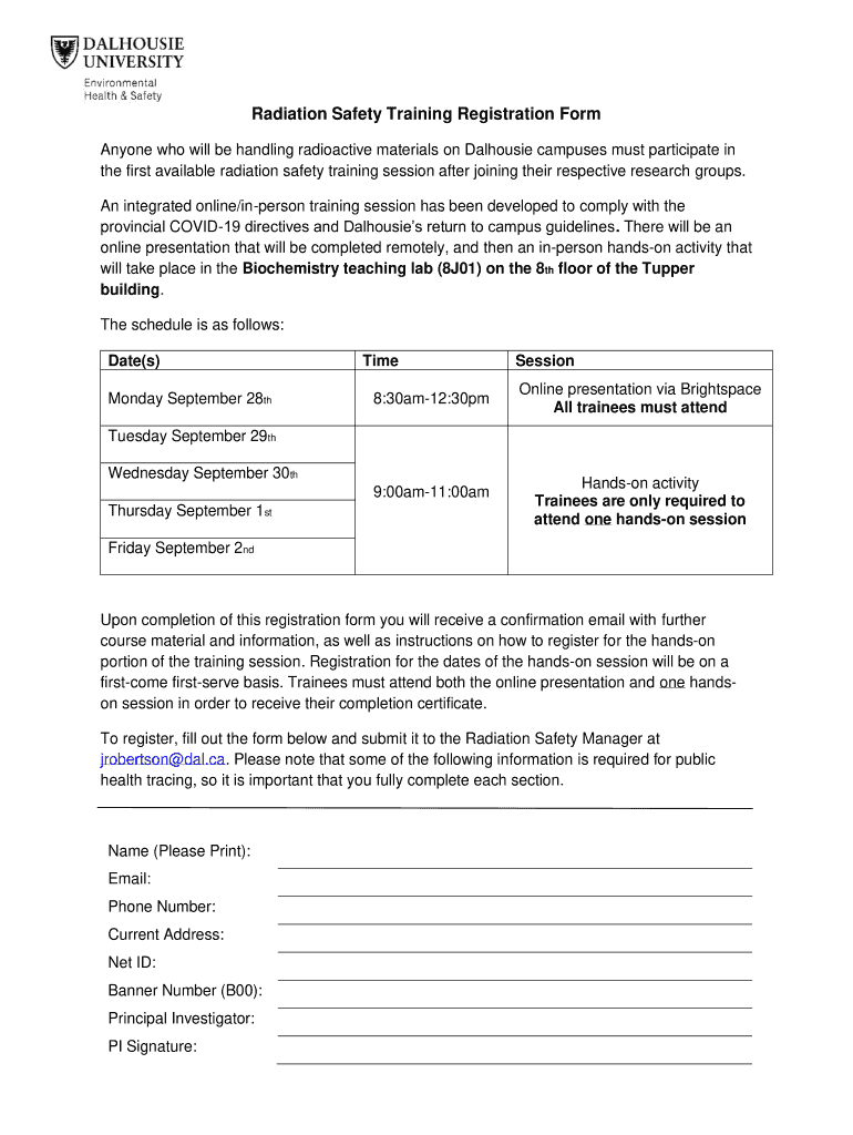 Fillable Online Radiation Safety Training Registration Form Fax Email ...