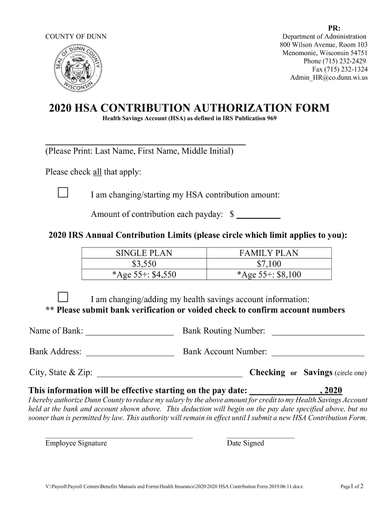 Fillable Online 2020 hsa contribution authorization form - Dunn County ...