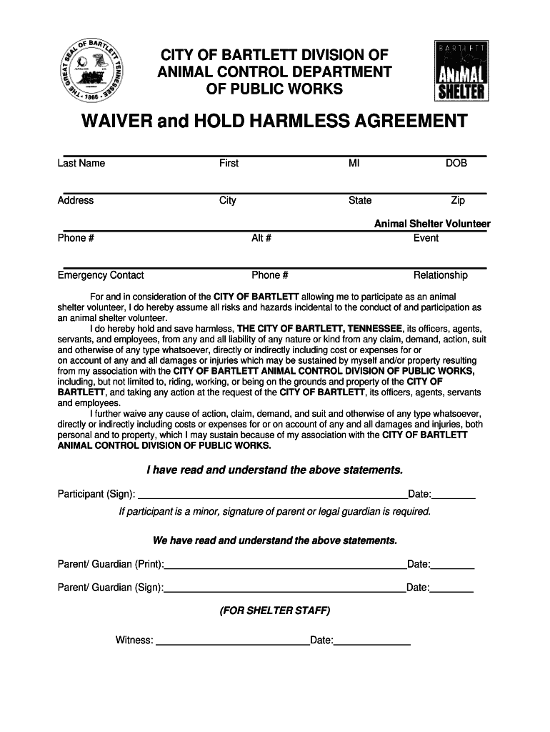 Fillable Online Animal Shelter WAIVER and HOLD HARMLESS AGREEMENT Fax ...