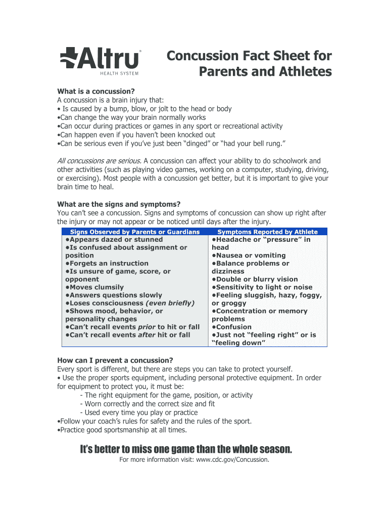 Fillable Online Altru Concussion Fact Sheet for HEALTH SYSTEM Parents ...