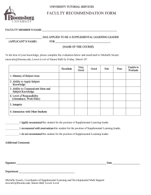 Fillable Online FACULTY RECOMMENDATION FORM - intranet.bloomu.edu Fax Email Print - pdfFiller