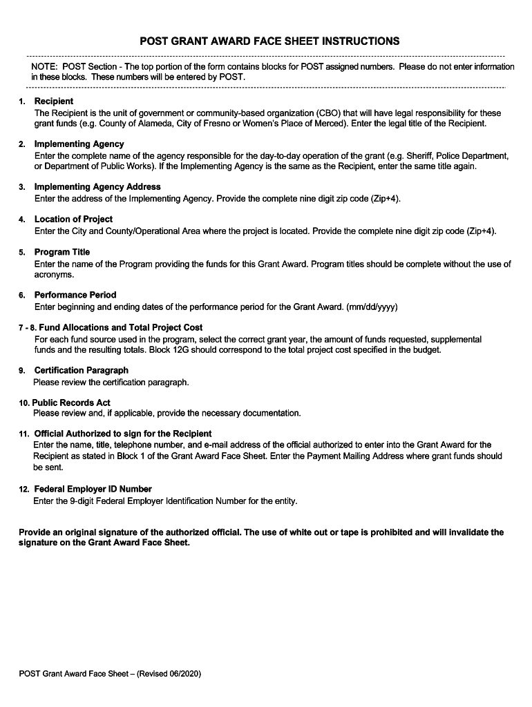 Fillable Online post ca POST DLGP GRANT AWARD FACE SHEET INSTRUCTIONS. POST DLGP GRANT AWARD ...