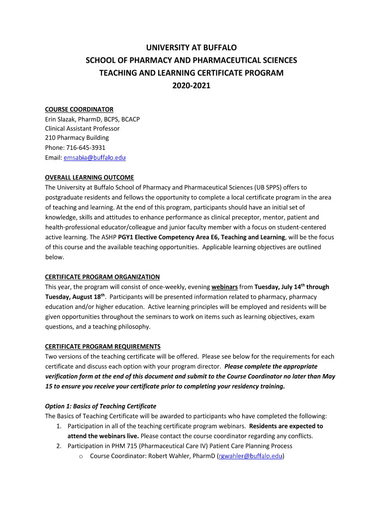 Fillable Online TEACHING AND LEARNING CERTIFICATE PROGRAM Fax Email ...
