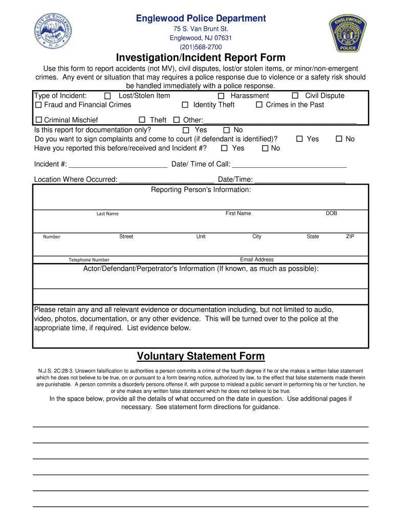 Fillable Online Voluntary Statement Form Investigation/Incident Report ...