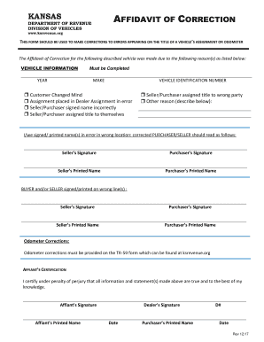 Fillable Online www ksrevenue Affidavit of Correction. THIS FORM SHOULD ...
