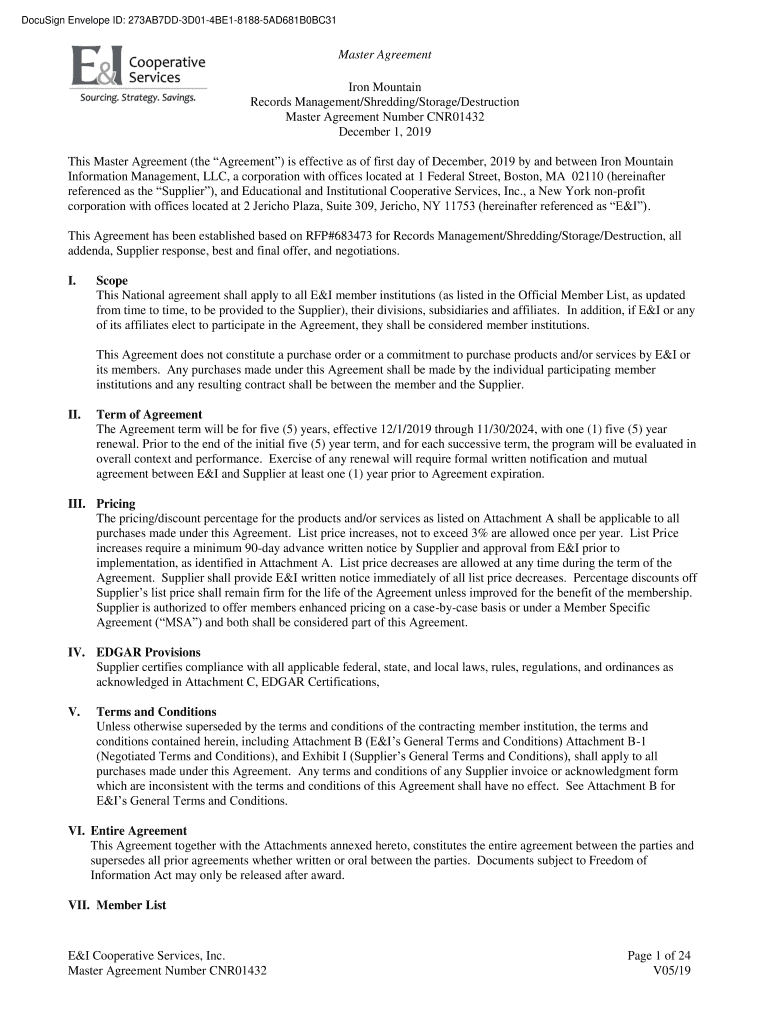Fillable Online Master Agreement Iron Mountain Records Management ...