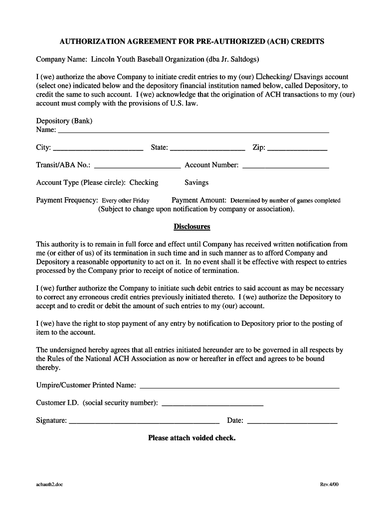Fillable Online AUTHORIZATION AGREEMENT FOR PRE-AUTHORIZED (ACH ...