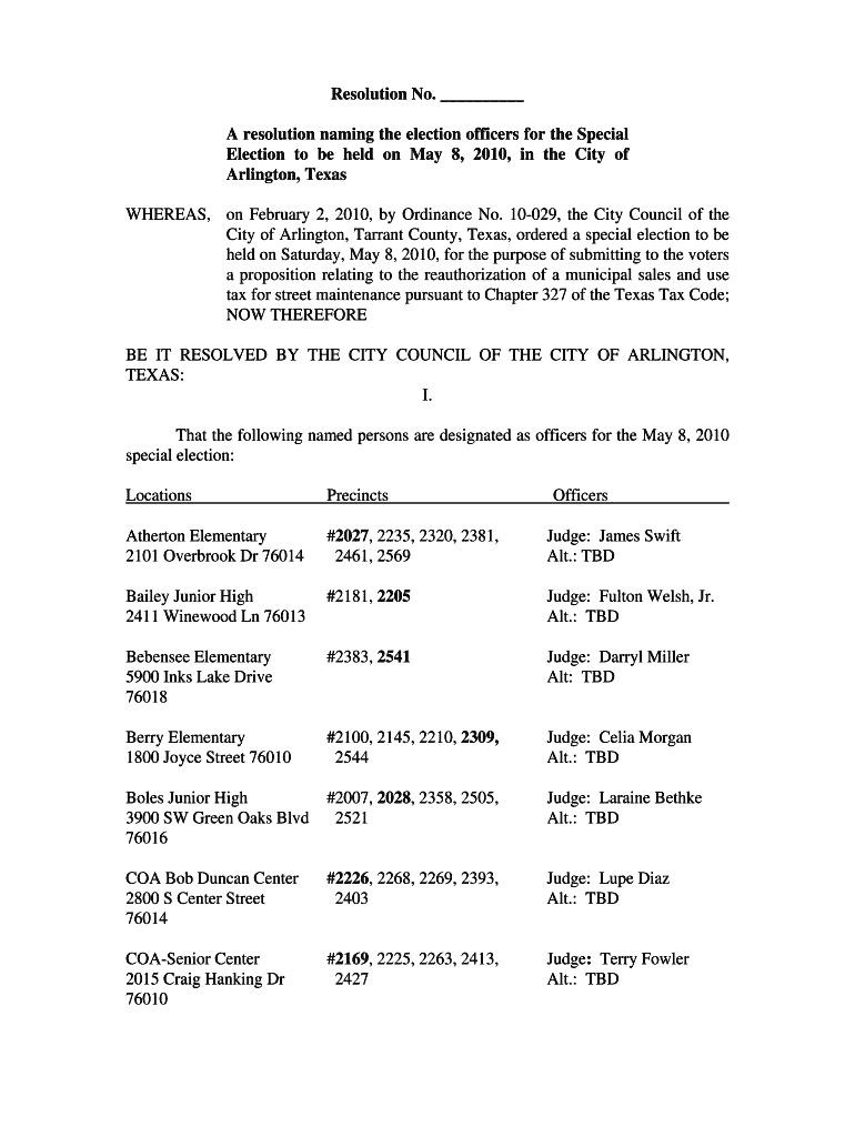 Fillable Online SAMPLE RESOLUTION APPOINTING ELECTION OFFICERS (Paper ...