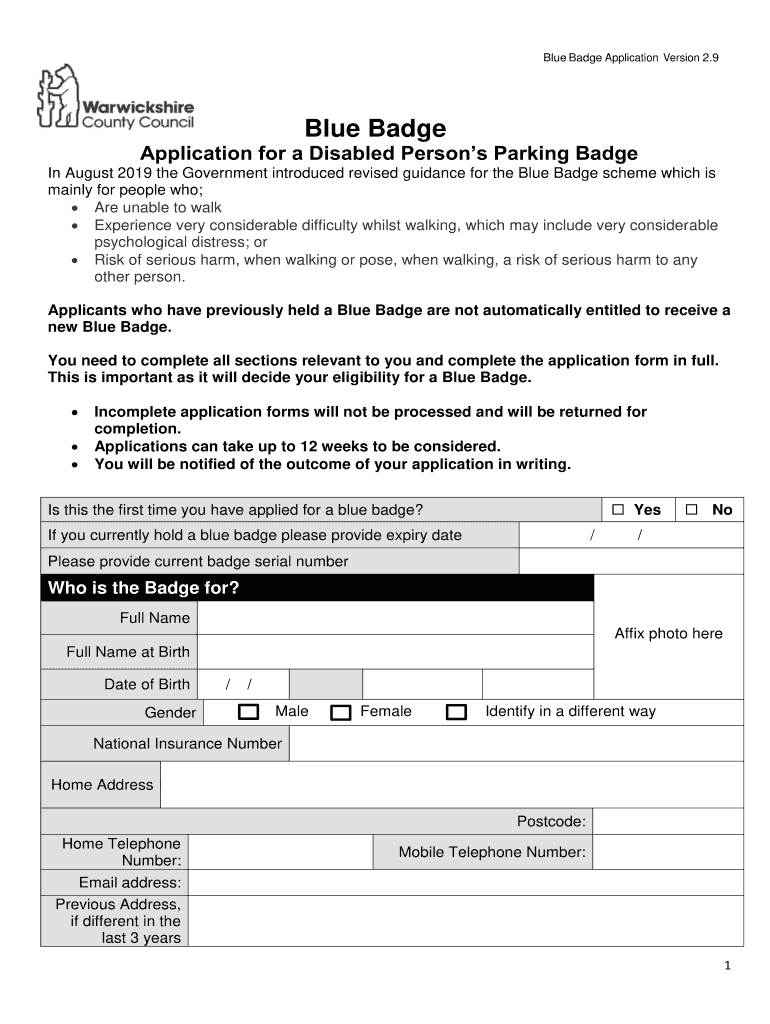 Blue Badge Warwickshire - Fill Online, Printable, Fillable, Blank | pdfFiller