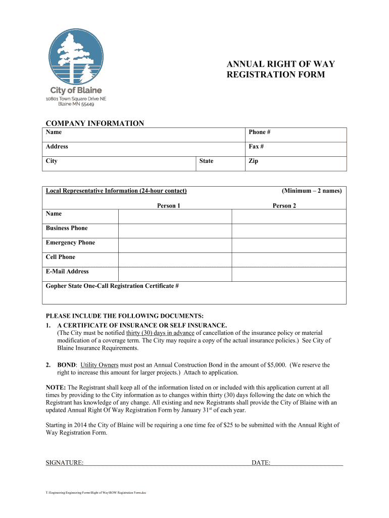 Fillable Online ROW Registration Form - Blaine Fax Email Print - pdfFiller