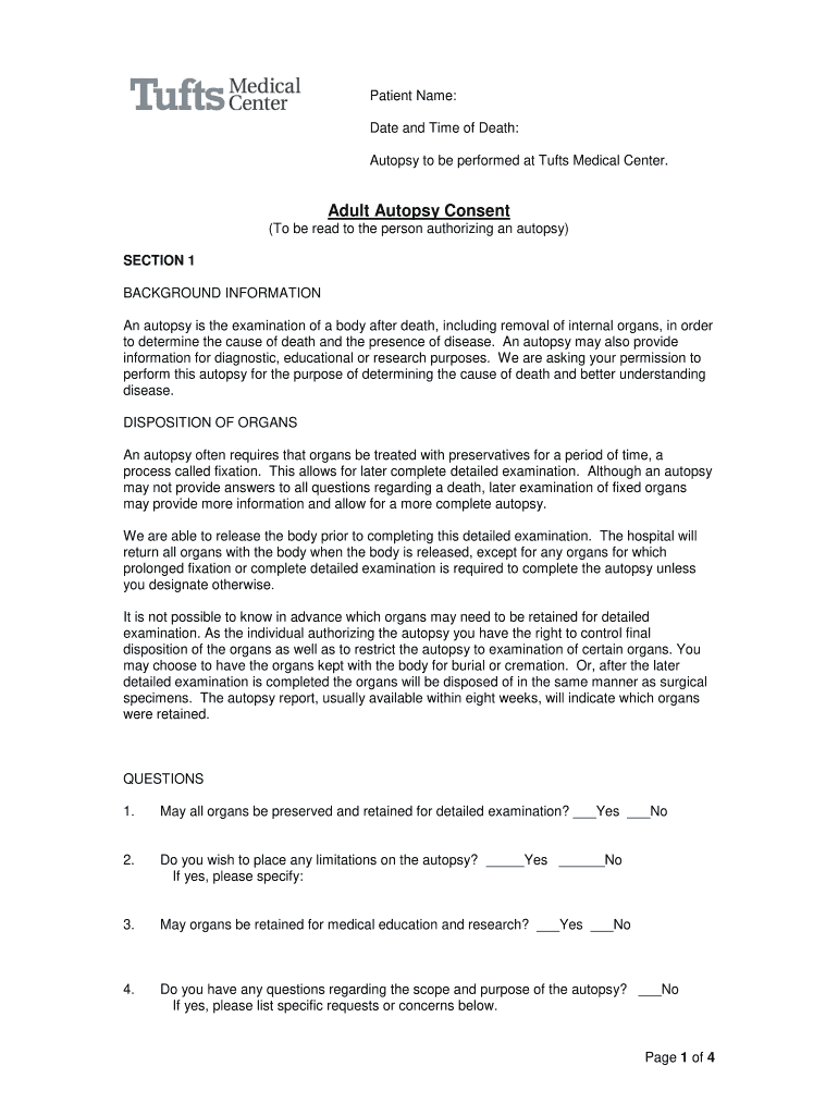 Fillable Online fetal/perinatal/pediatric autopsy consent - Tufts ...