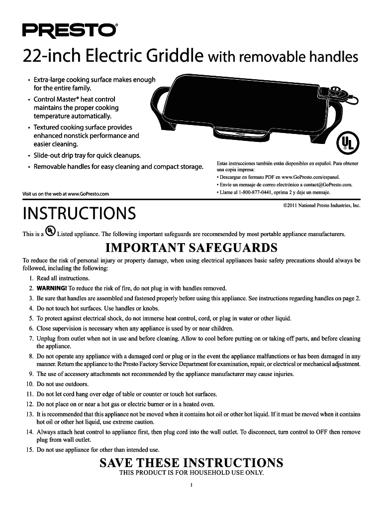 Fillable Online Presto 07061 22-inch Electric Griddle With Removable Handles ... Fax Email Print ...