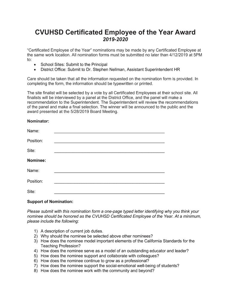 Fillable Online Presidents Employee of the Year Award Nomination Form ...