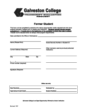 Fillable Online Former Student Request for Transcript Evaluations Fax ...