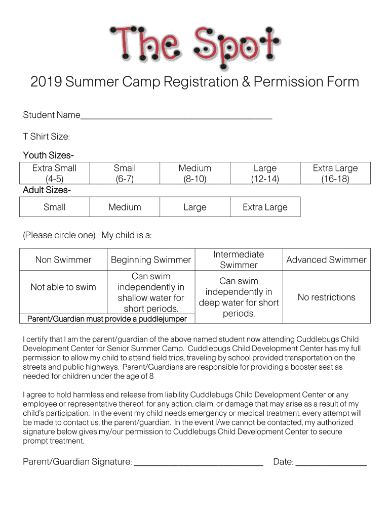 Fillable Online 2019 Summer Camp Registration & Permission Form Fax ...