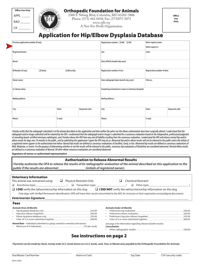 Fillable Online Application for Hip/Elbow Dysplasia Database ...