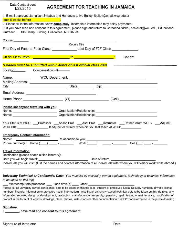 Fillable Online www3 wcu Date Contract sent AGREEMENT FOR TEACHING IN ...