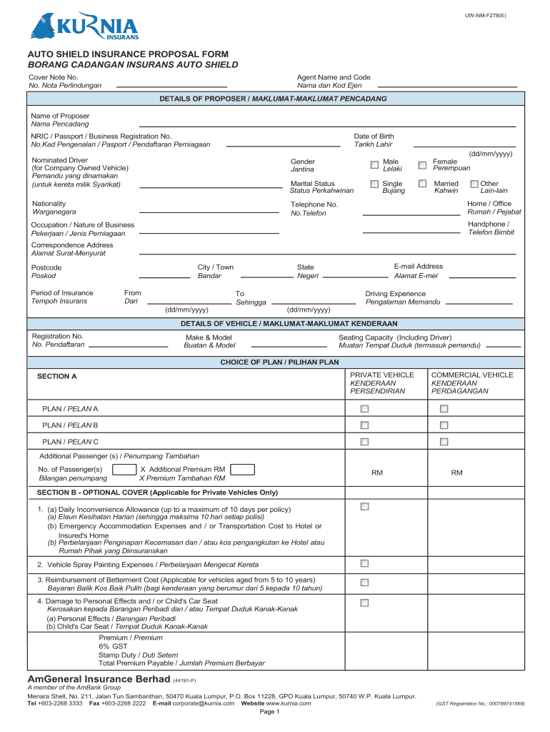 Fillable Online Kurnia-AUTO SHIELD INSURANCE PROPOSAL FORM Fax Email ...