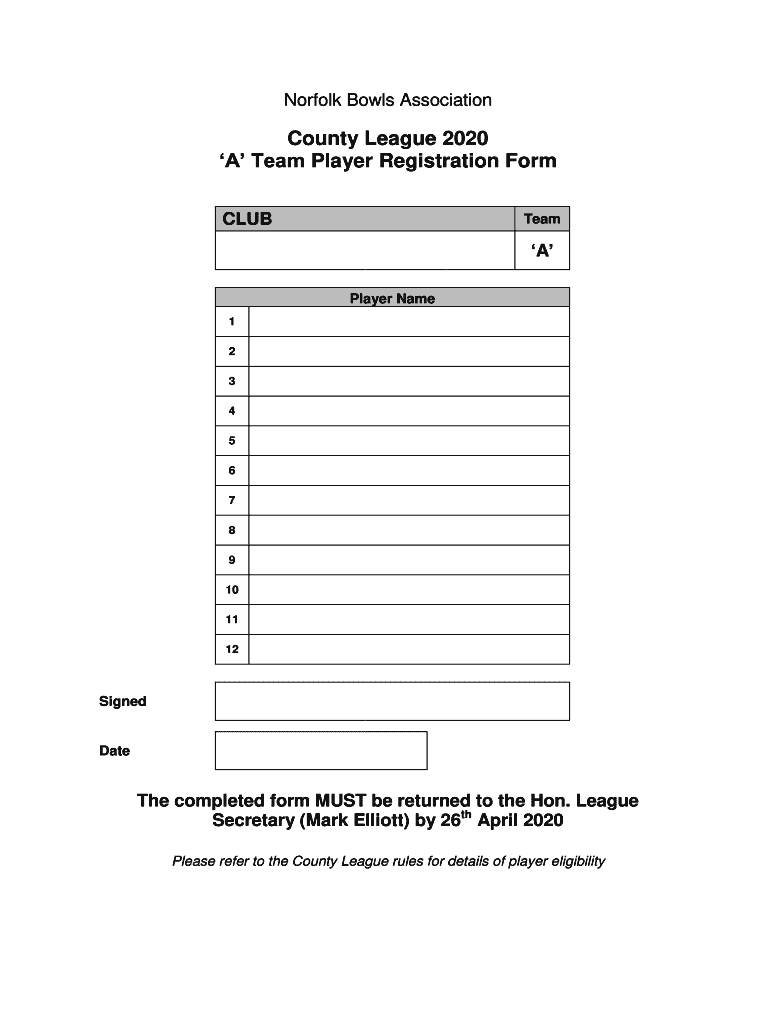 Fillable Online County League 20 A Team Player Registration Form Fax ...