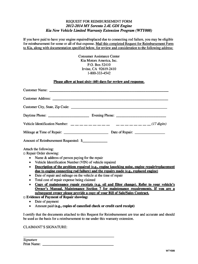 Fillable Online 2012-2014 MY Sorento 2.4L GDI Engine Kia New Vehicle Limited ... Fax Email Print ...