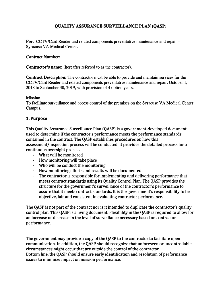 Fillable Online Quality Assuarnce Surveillance Plan template - Veterans ...