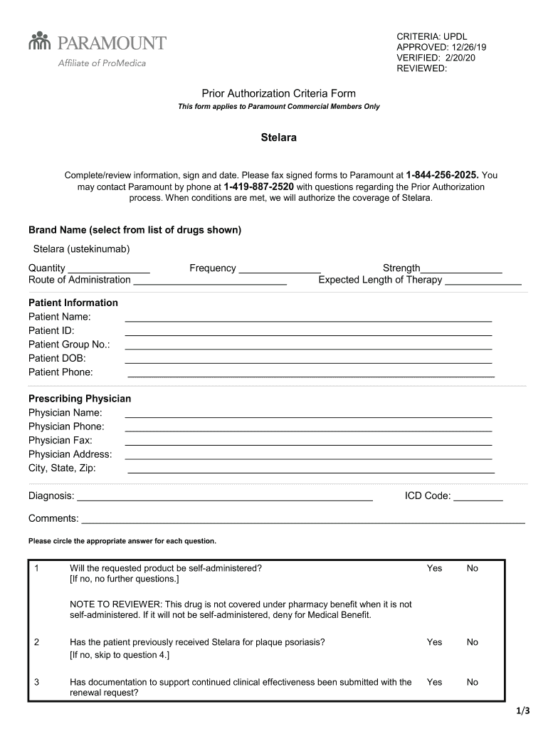 Fillable Online Prior Authorization Criteria Form - Paramount Health ...