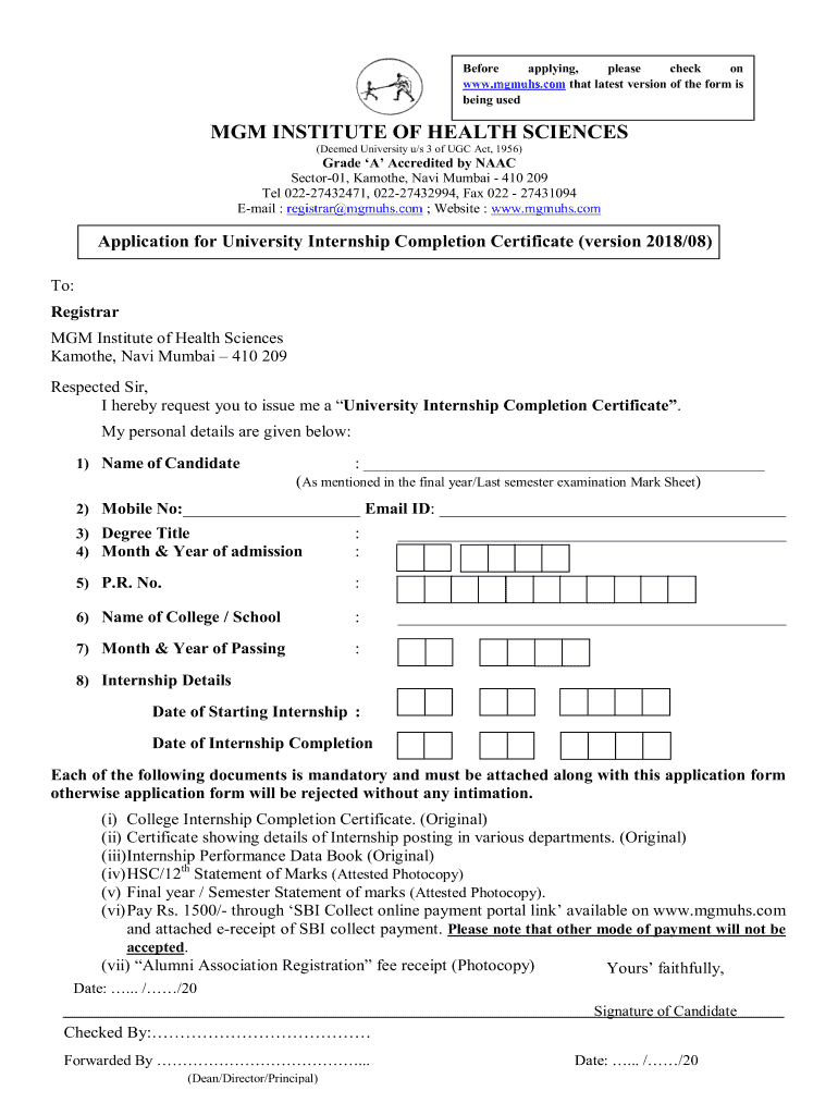 Fillable Online New Application for Internship Completion Certificate ...