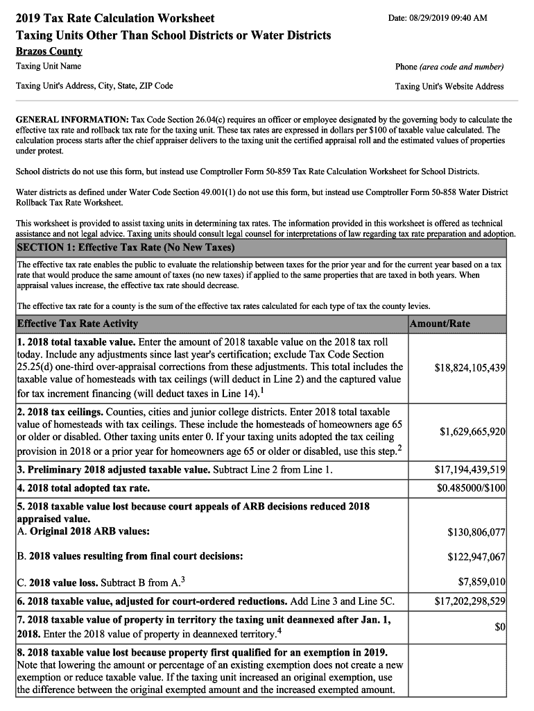Fillable Online 2019 Tax Rate Calculation Worksheet Date: 08/29/2019 09:40 AM ... Fax Email ...