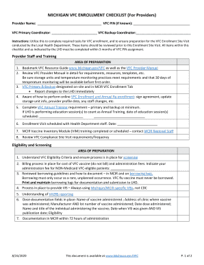 Fillable Online MICHIGAN VFC ENROLLMENT CHECKLIST (For Providers) Fax ...