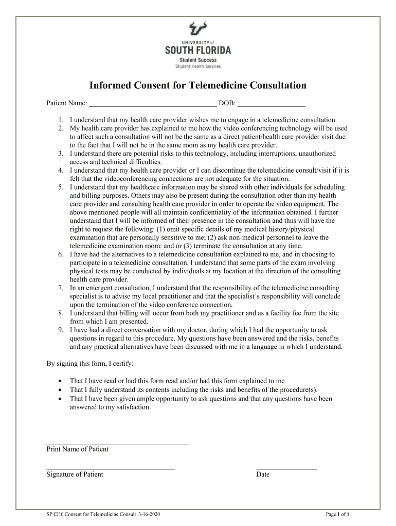 Informed Consent for Telemedicine Consultation - Blank Fillable ...