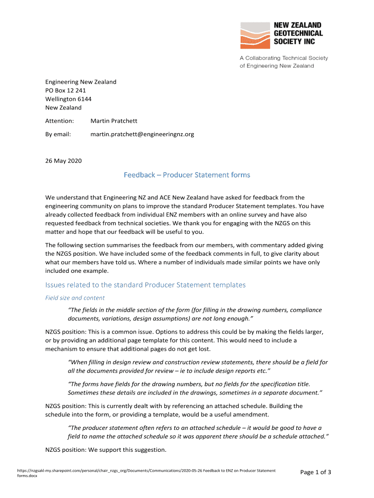 Fillable Online 2020-05-26 Feedback to ENZ on Producer Statement forms ...
