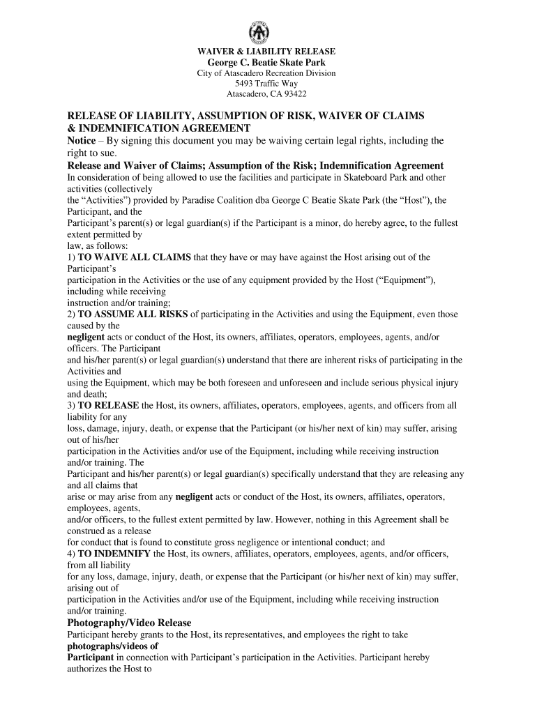 Fillable Online 1 SKATE PARK LIABILITY WAIVER AND RELEASE OF ... Fax ...