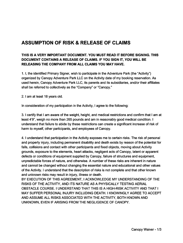 Fillable Online ASSUMPTION OF RISK & RELEASE OF CLAIMS Fax Email Print ...