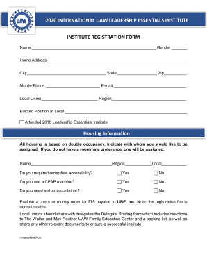 Fillable Online INSTITUTE REGISTRATION FORM 2020 ... - UAW Region 9 Fax ...
