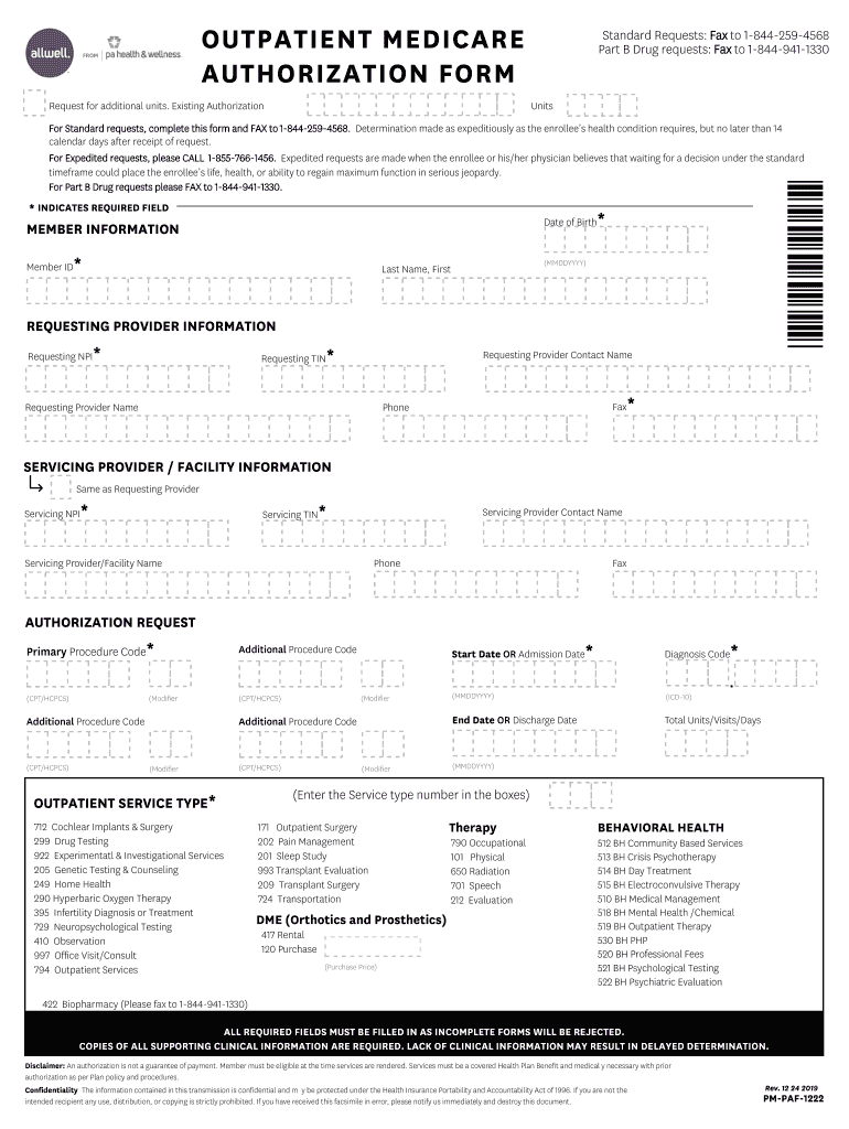 Fillable Online Allwell From PA Health and Wellness - Outpatient ...