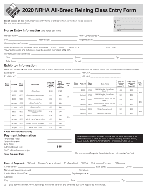 Fillable Online 2020 NRHA All-Breed Reining Class Entry Form Fax Email ...