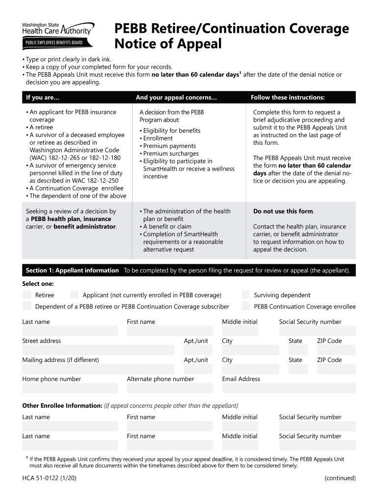 Fillable Online PEBB Retiree-Continuation Coverage Notice of Appeal Fax ...