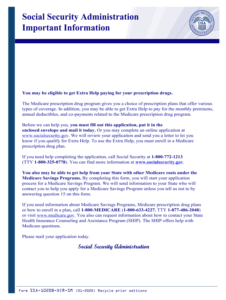 Fillable Online SSA-1020-OCR-SM. You may be eligible to get Extra Help ...
